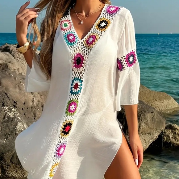 Swim | Beach Cover Up White Off White Crochet Trim Beach Coverup Xl ...